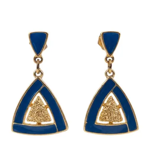 MADISON BEVERLY HILLS Vintage 1970s Blue Enamel Triangle Earrings - Gold