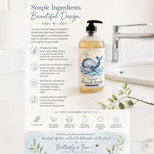 BUTTERFLY & BEE Natural Hand Soap In Glass Dispenser With Nautical Design
