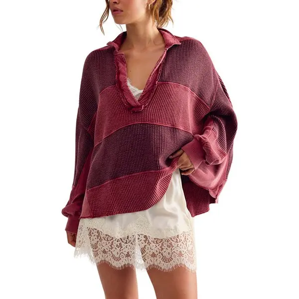 Free People Rainn Thermal Knit Top - Pink Combo