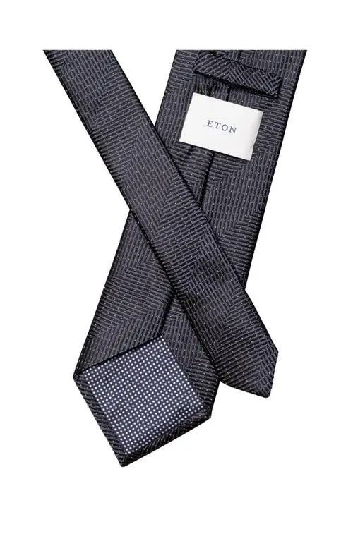 Eton Herringbone Woven Silk Tie - Navy