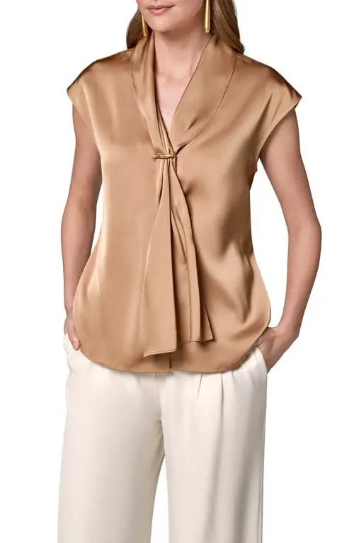 Donna Karan New York Bar Detail Satin V-neck Blouse - Fawn