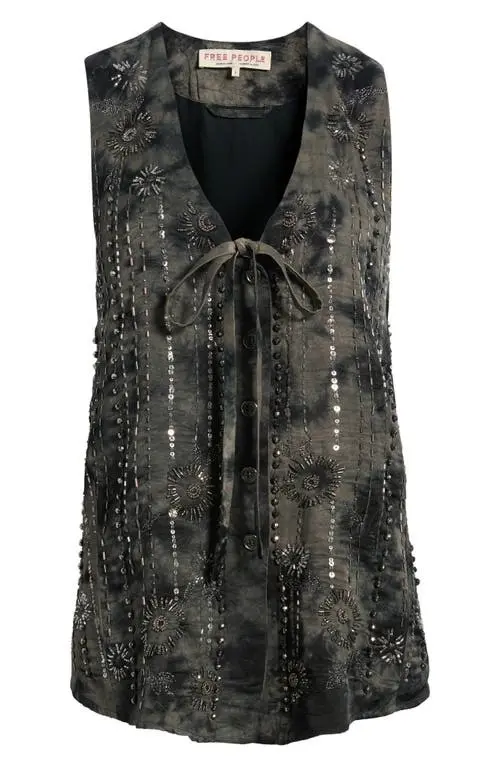Free People Arden Sequin & Bead Detail Tie Dye Vest - Raven Combo