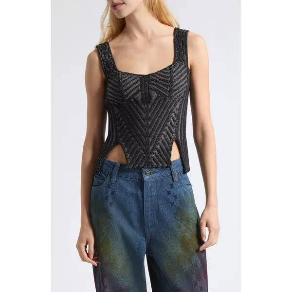 PAOLINA RUSSO Warrior Corset Mixed Stitch Merino Wool Sweater Tank - Black