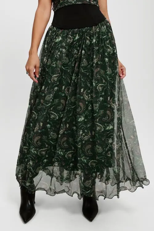 POPILUSH Shapewear Paisley High Waist A-line Maxi Skirt - Moss