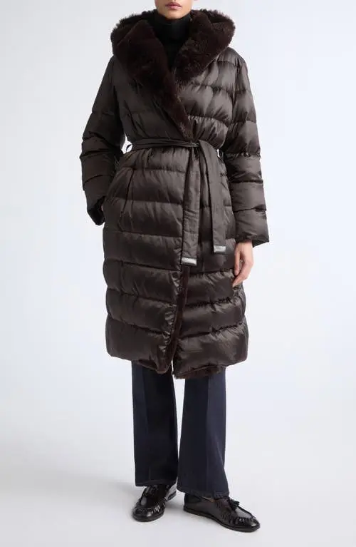 Max Mara Medusa Belted Puffer Coat With Faux Fur Trim
