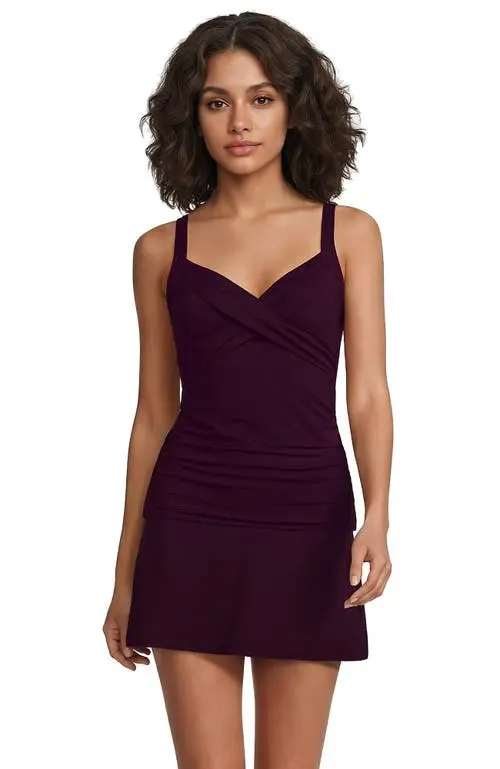 LANDS' END Long Torso Sweetheart Wrap Underwire Tankini Top - Dark Wine