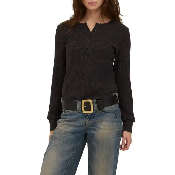 PROJECT SOCIAL T Coastal Waffle Knit Henley - Black