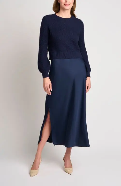 Halogen Honeycomb Stitch Puff Sleeve Sweater - Classic Navy