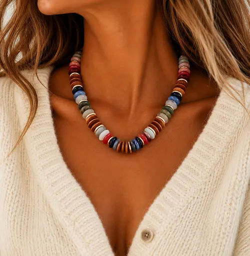 ERIN MCDERMOTT JEWELRY Wood And Neutral Beaded Necklace