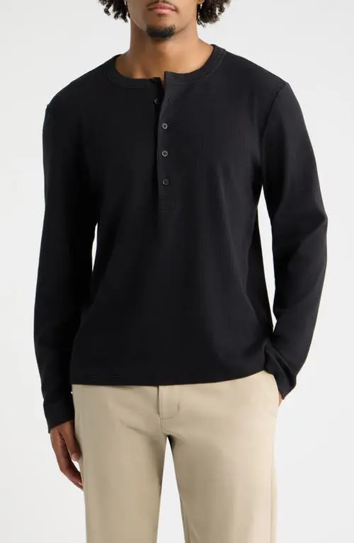 OPEN EDIT Fitted Long Sleeve Stretch Cotton Rib Henley - Black