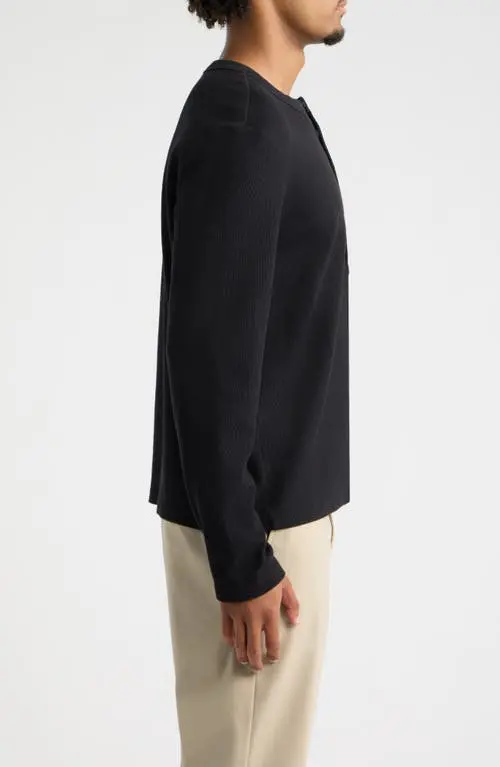 OPEN EDIT Fitted Long Sleeve Stretch Cotton Rib Henley - Black