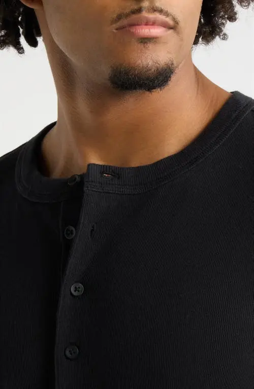 OPEN EDIT Fitted Long Sleeve Stretch Cotton Rib Henley - Black