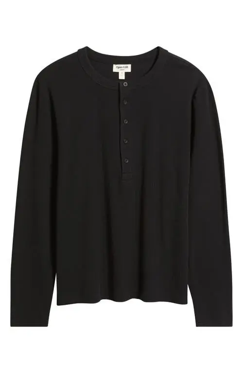 OPEN EDIT Fitted Long Sleeve Stretch Cotton Rib Henley - Black