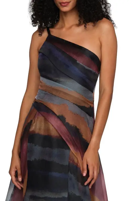 KAY UNGER Daniela Ombré Stripe One-shoulder Organza Gown