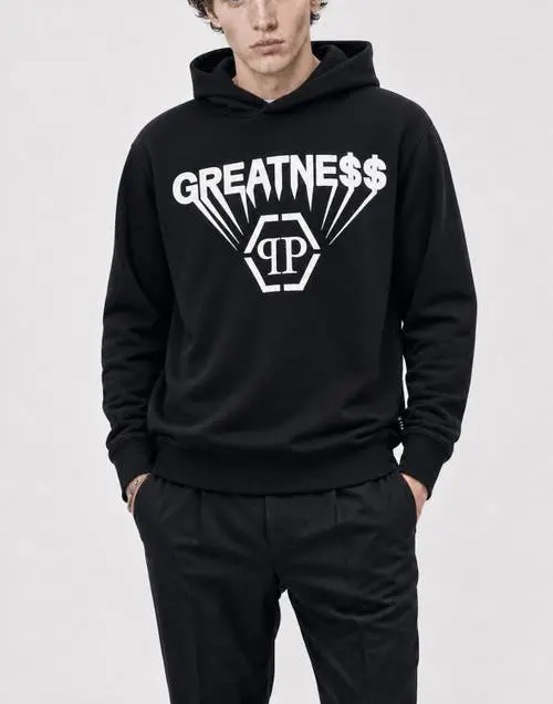 Philipp Plein Printed Fleece Hoodie Greatness - Black