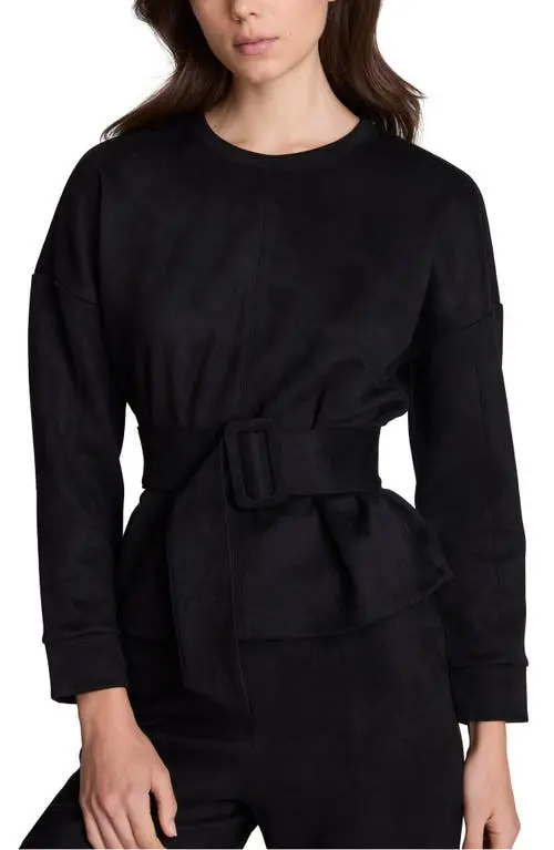 KENNETH COLE Belted Long Sleeve Crewneck Top - Black