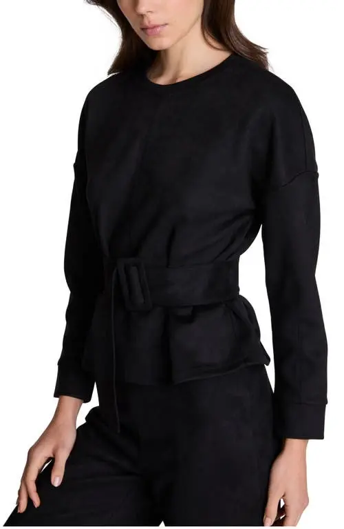 KENNETH COLE Belted Long Sleeve Crewneck Top - Black