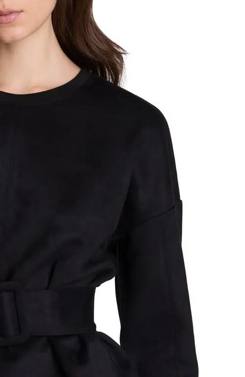 KENNETH COLE Belted Long Sleeve Crewneck Top - Black