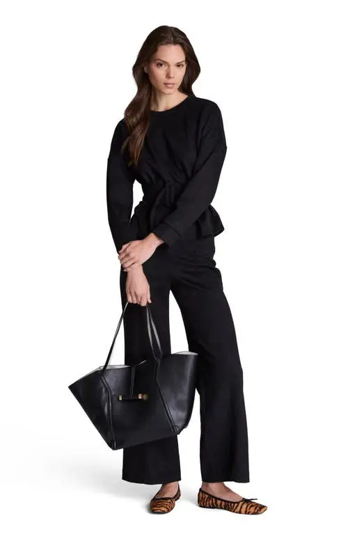 KENNETH COLE Belted Long Sleeve Crewneck Top - Black