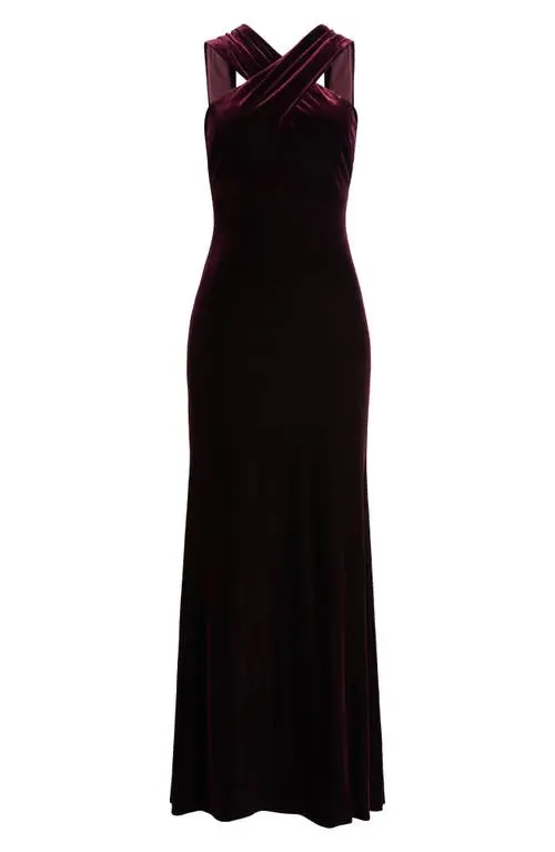 Eliza J Cross Neck Velvet Mermaid Gown