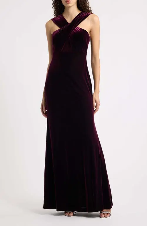 Eliza J Cross Neck Velvet Mermaid Gown