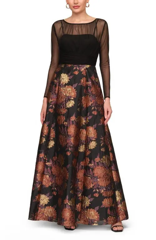 Js Collections Yuna Long Sleeve Mixed Media Metallic Floral Jacquard Gown