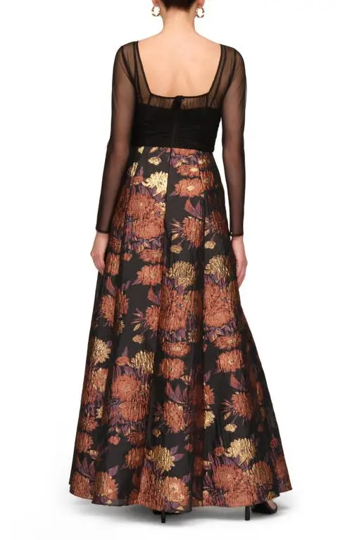Js Collections Yuna Long Sleeve Mixed Media Metallic Floral Jacquard Gown
