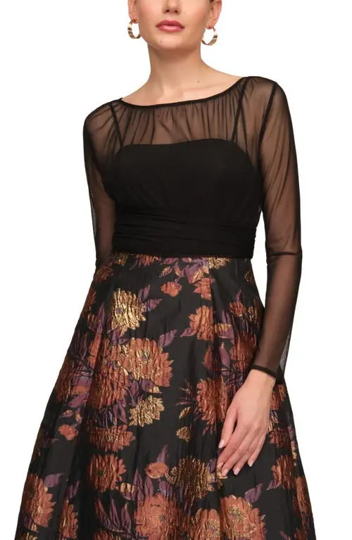 Js Collections Yuna Long Sleeve Mixed Media Metallic Floral Jacquard Gown