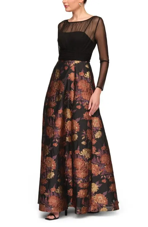 Js Collections Yuna Long Sleeve Mixed Media Metallic Floral Jacquard Gown