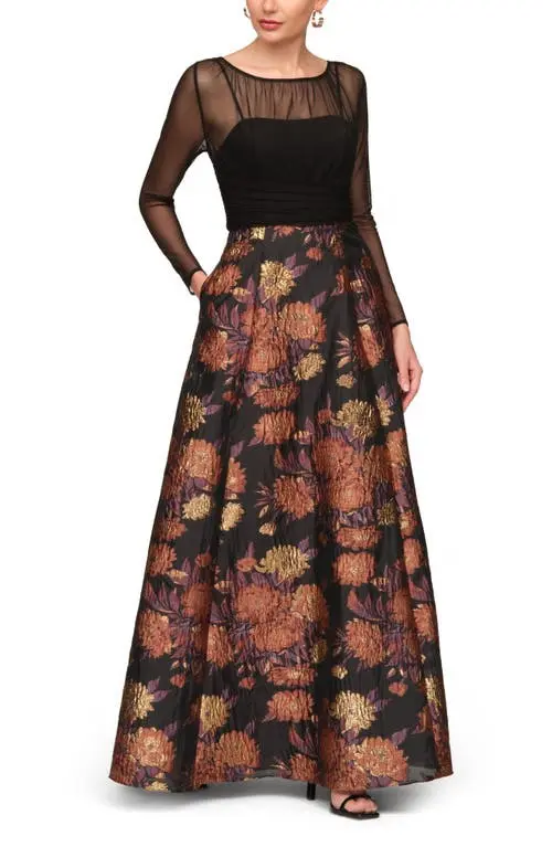 Js Collections Yuna Long Sleeve Mixed Media Metallic Floral Jacquard Gown