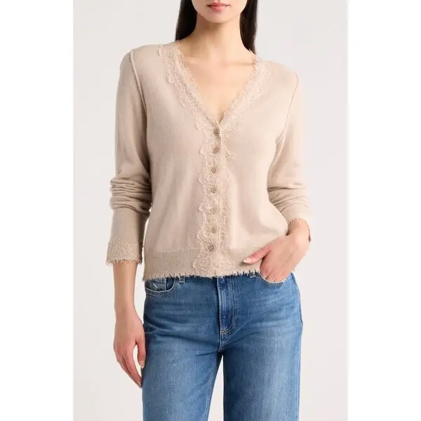 RE/DONE Ruby Lace Trim Cashmere Cardigan - Pebble