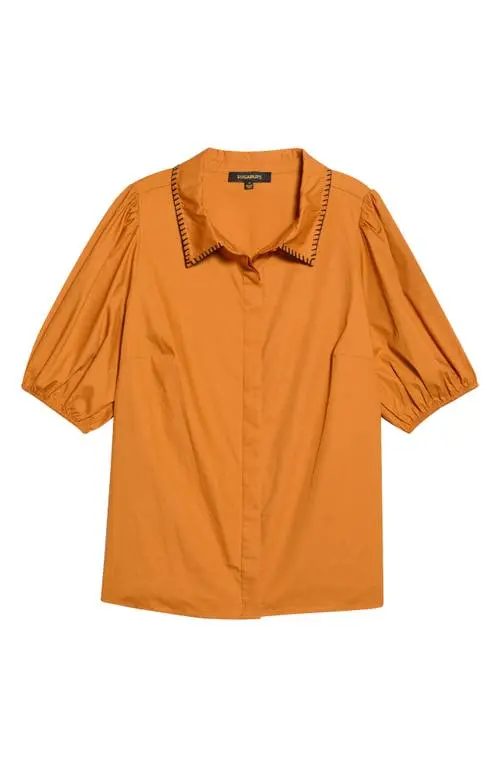 SUGARLIPS Blanket Stitch Collar Puff Sleeve Cotton Shirt