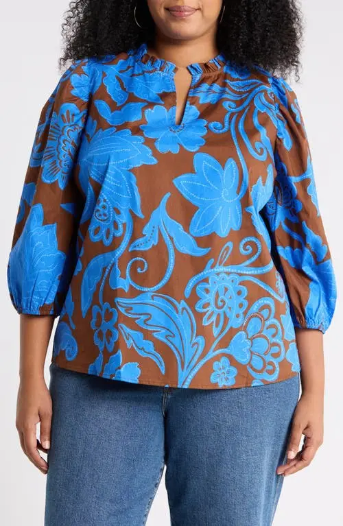 SUGARLIPS Ofelia Floral Kiley Split Neck Top - Brown-blues