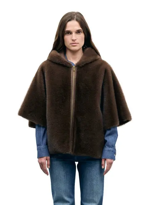Gerard Darel Amel Faux Fur Hooded Cape - Cigar