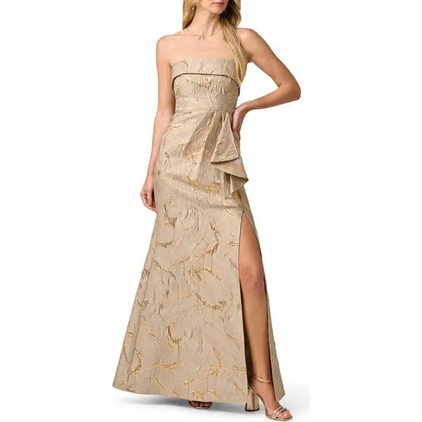 Adrianna Papell Strapless Metallic Jacquard Draped Gown