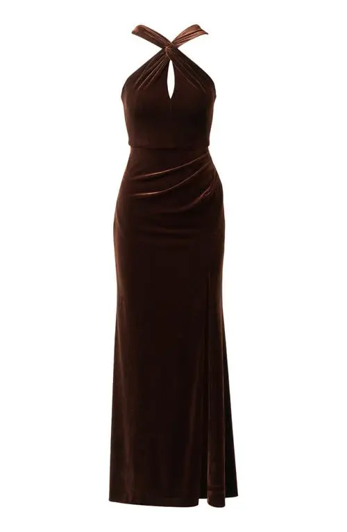 Adrianna Papell Velvet Keyhole Halter Mermaid Gown