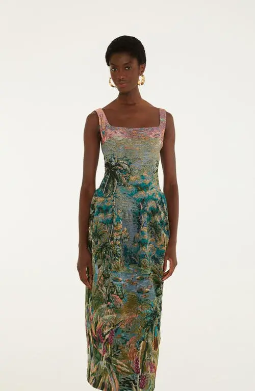 Farm Rio Petricor Sleeveless Jacquard Midi Dress