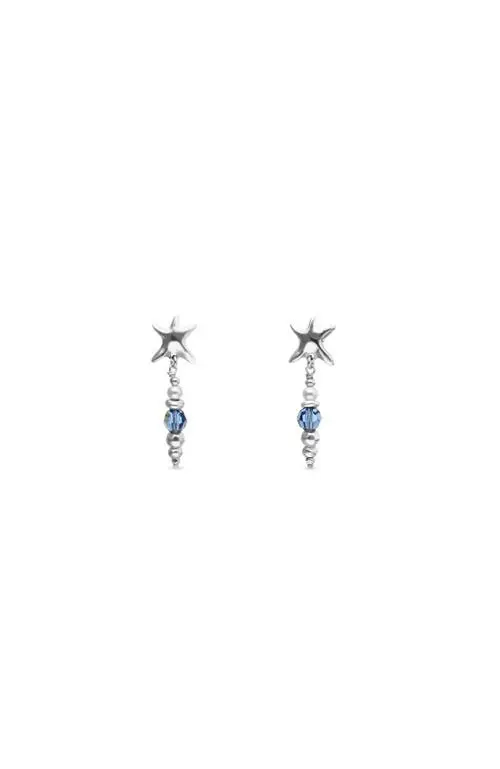 UNODE50 Long -tone Earrings With Blue Faceted Crystals And Star - Silver