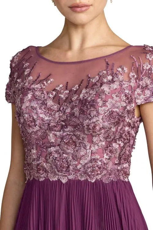 Mac Duggal Embroidered Cap Sleeve Pleated Gown