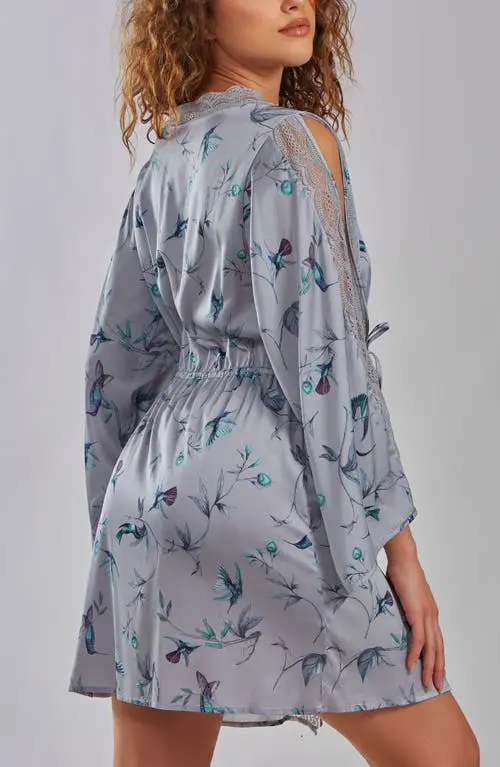 ICOLLECTION Hummingbird Print Cold Shoulder Lace Trim Satin Robe
