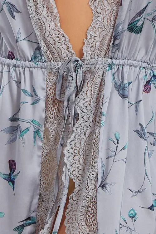 ICOLLECTION Hummingbird Print Cold Shoulder Lace Trim Satin Robe