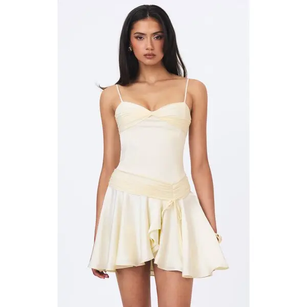 MISS CIRCLE NEW YORK Yvonne Satin Asymmetrical Ruched Mini Dress - Ivory
