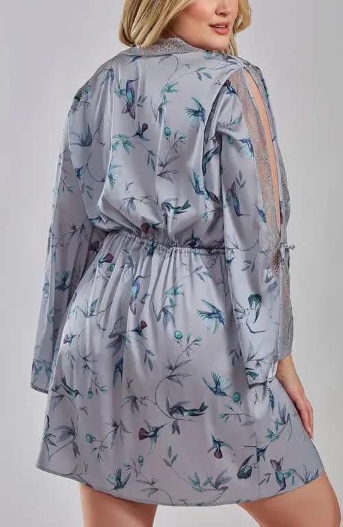 ICOLLECTION Hummingbird Print Cold Shoulder Lace Trim Satin Robe