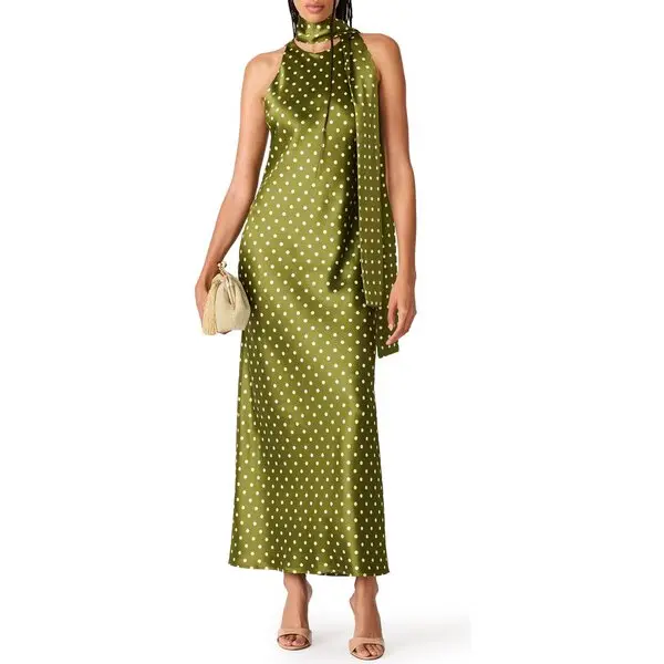 Steve Madden Jaiden Polka Dot Satin Scarf Maxi Dress - Olive Heather