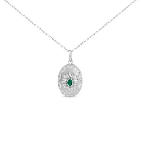 HAUS OF BRILLIANCE Sterling Lab Grown Emerald And Diamond Sunburst Medallion Pendant Necklace - Silver