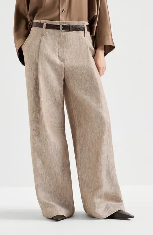 Brunello Cucinelli Linen Denim Pleated A-line Trousers With Monili - Light Brown