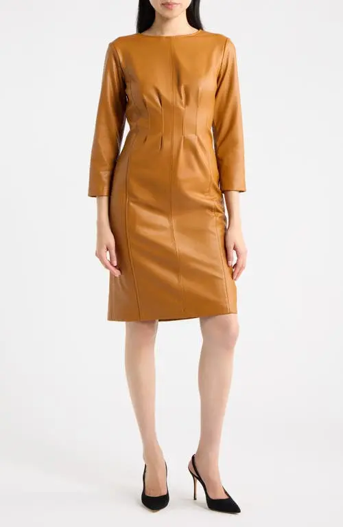 Anne Klein Pleated Waist Faux Leather Sheath Dress - Toast