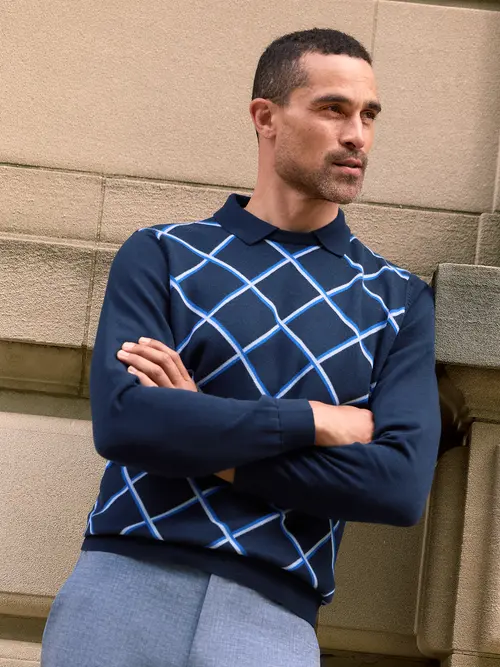 PAUL FREDRICK Cotton Crewneck Polo - Navy