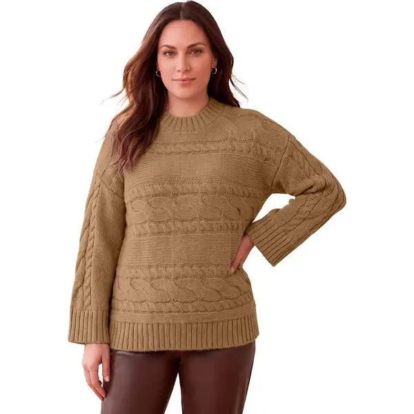 JESSICA LONDON Cable Knit Bell Sleeve Sweater - Brown Maple