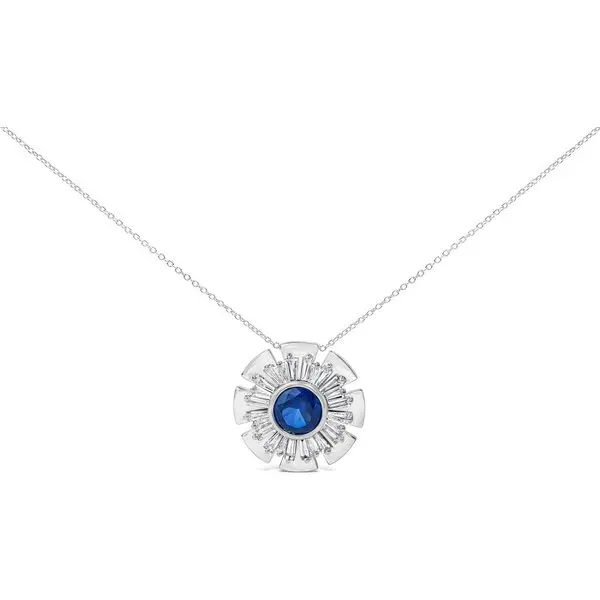 HAUS OF BRILLIANCE Sterling Lab Grown Blue Sapphire And 1 1/5 Cttw Diamond Sunburst Pendant Necklace - Silver